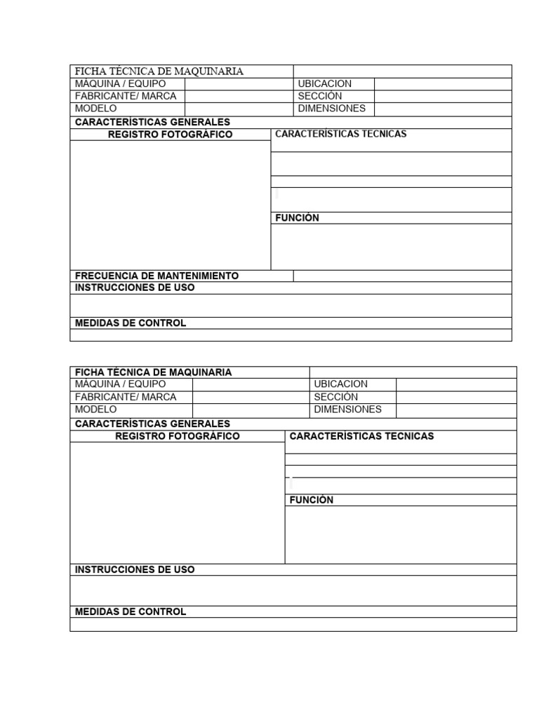 Ficha Tecnica de Maquinaria EDITABLE | PDF