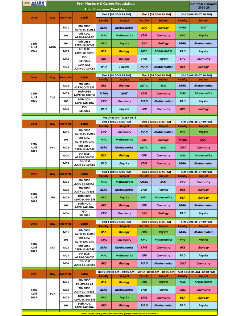 Amritsar Campus Class Schedule 2025-26 | PDF | Natural Sciences | Physical Sciences