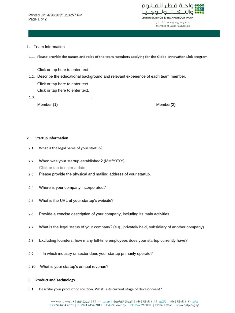 QSTP Global Innovation Link Form Final | PDF | Startup Company | Small ...
