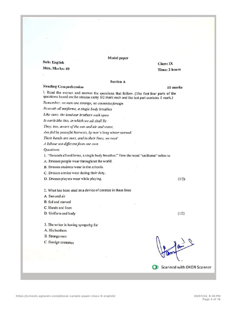 JKBOSE 9th English Model Paper 2024 (PDF) - JKBOSE Class 9 Sample Paper ...