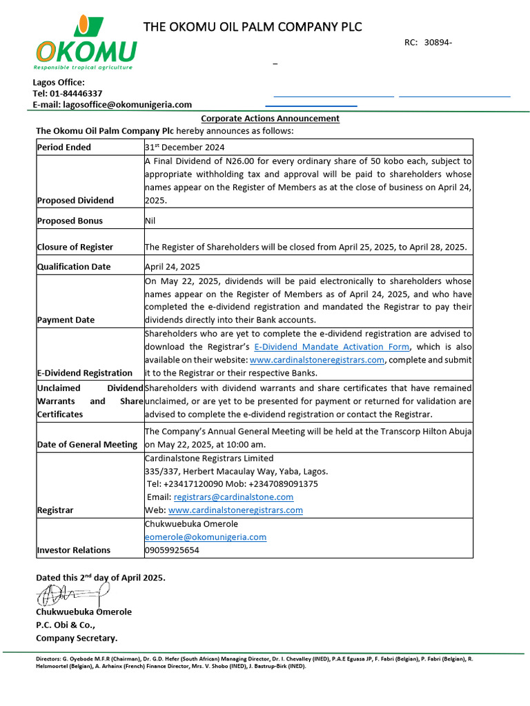 43660_OKOMU_OIL_PALM_PLC.-CORPORATE_ACTION_NOTICE_CORPORATE_ACTIONS ...