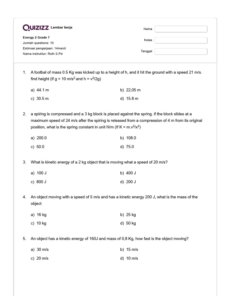 Energy 2 Grade 7 - Quizizz | PDF | Kinetic Energy | Mechanical Engineering