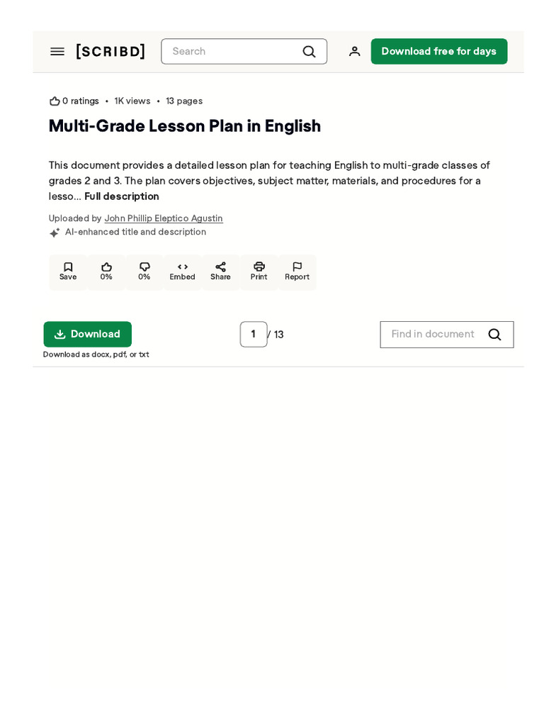 Multi Grade Lesson Plan in English | PDF