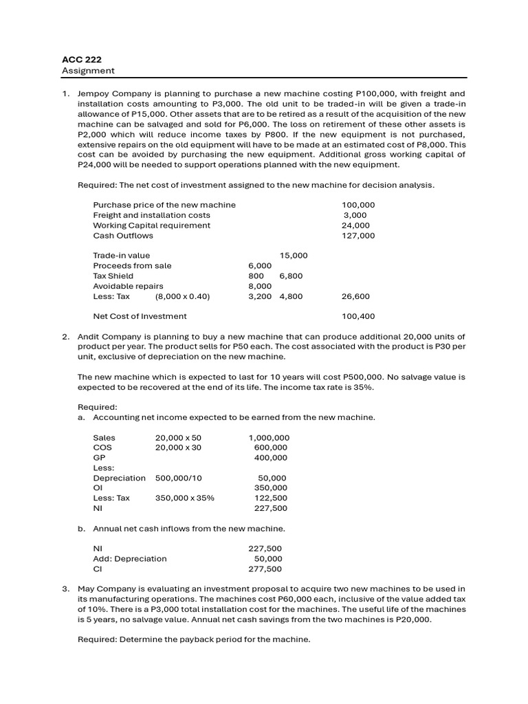 ACC 222 Assignment Capital Budgeting | PDF | Net Present Value | Depreciation