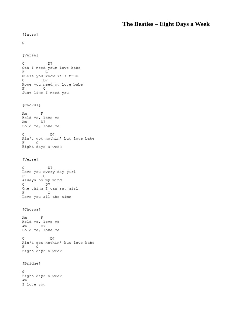 Eight Days a Week Lyrics | PDF | Song Structure | British Pop Songs