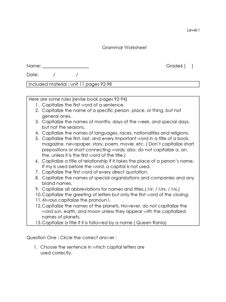 Grade 6 Grammar Capitalization Guide | PDF | Comma | Adjective