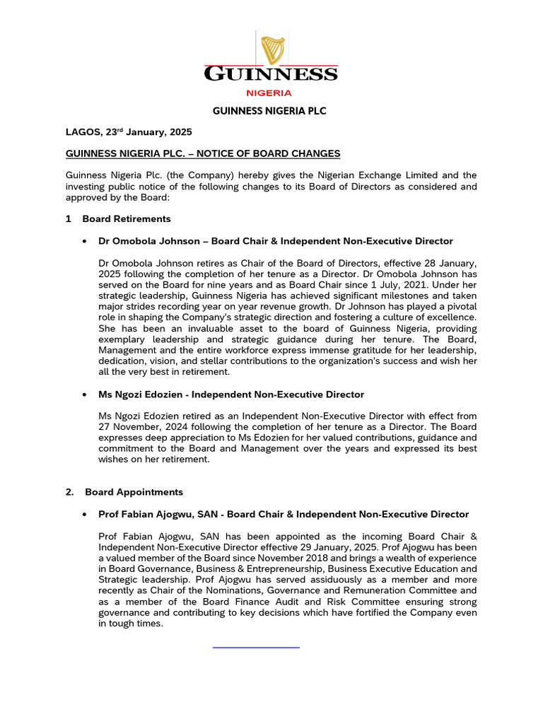 Guinness Plc Board Changes | PDF | Economies