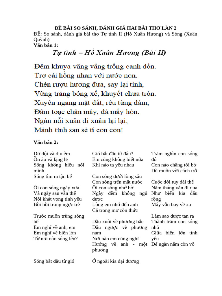 ĐỀ BÀI SO SÁNH HAI BAI THO LAN 2 | PDF