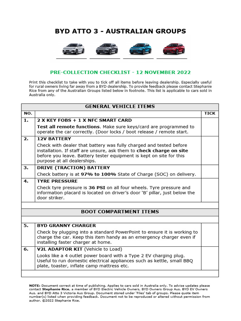 BYD Atto 3 Pre-Collection Checklist | PDF | Battery Charger | Vehicle ...