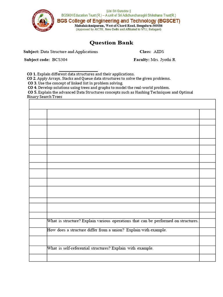 DSA Question Bank for all modules 4tth sem vtu | PDF | Algorithms And Data Structures ...