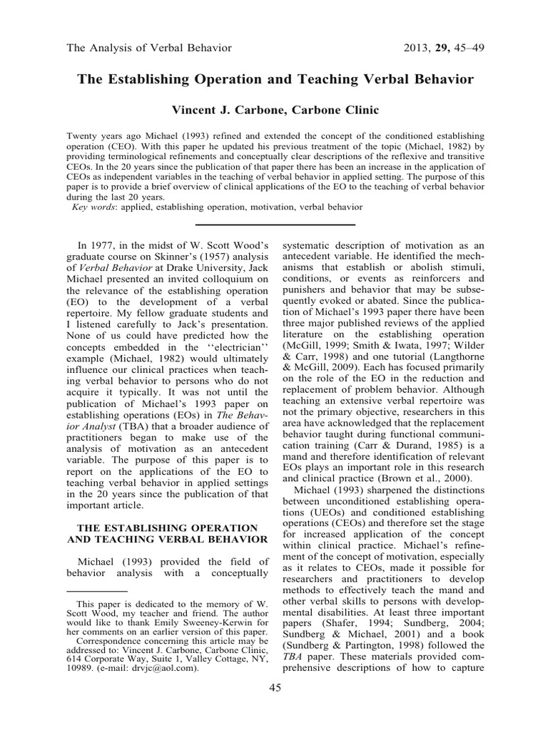 The Establishing Operation and Teaching Verbal Behavior | PDF ...