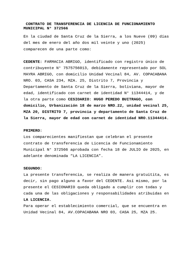 Contrato de Transferencia de Licencia de Funcionamiento Municipal Hugo ...