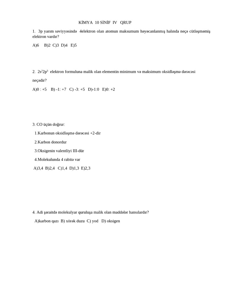 IV Qrup 10sinif Kimya-1 | PDF