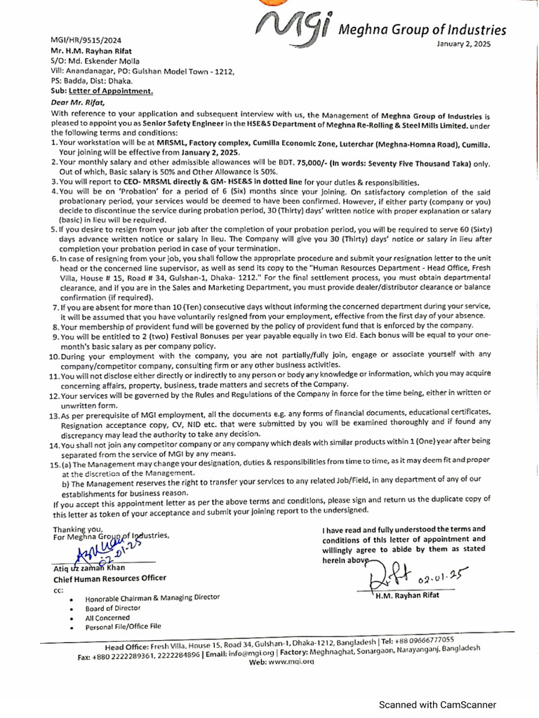 Rifat, H M Rayhan Appointment Letter | PDF