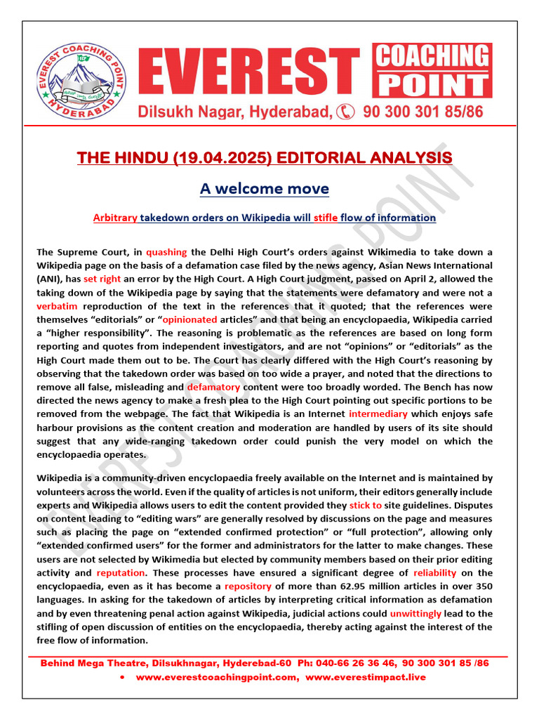 The Hindu (19-04-2025) Editorial Analysis | PDF | Wikipedia | Defamation
