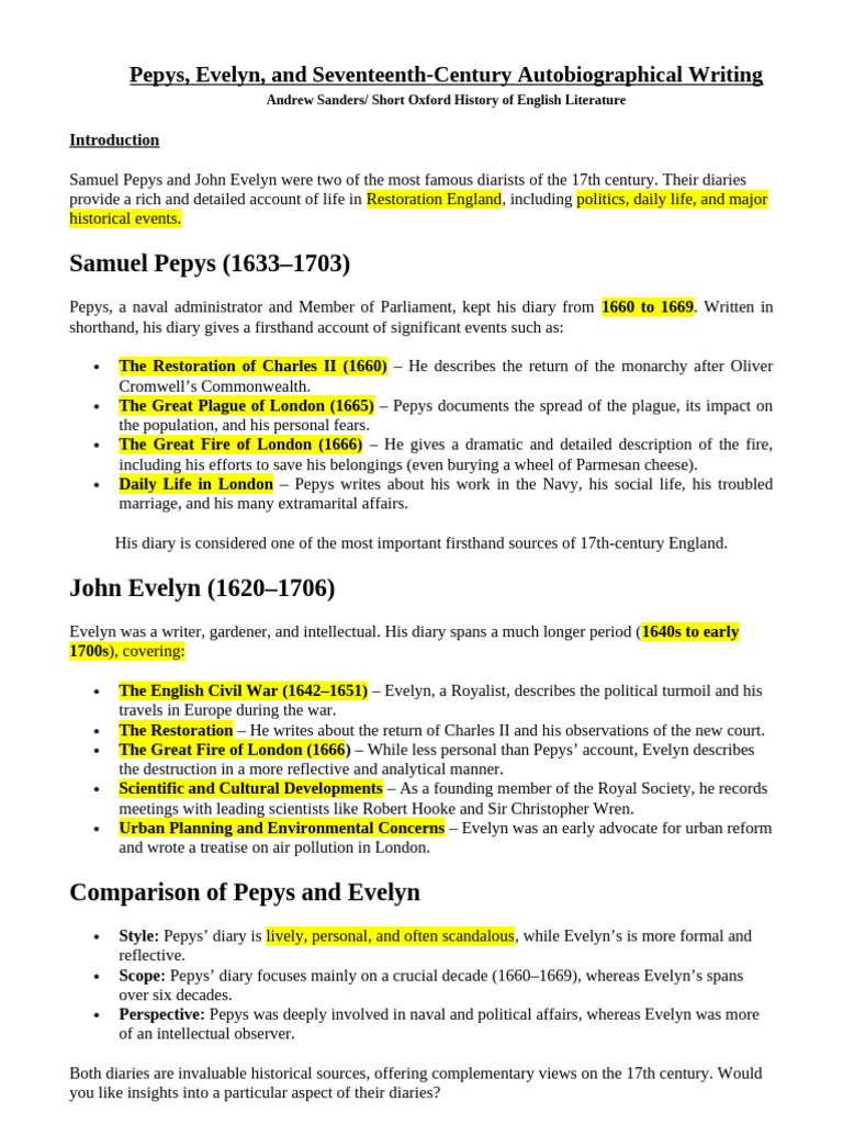 Pepys and Evelyn: 17th Century Diaries | PDF | Samuel Pepys | Diary