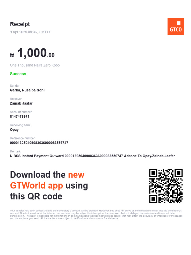 Successful Payment Receipt - ₦1,000 Transfer | PDF