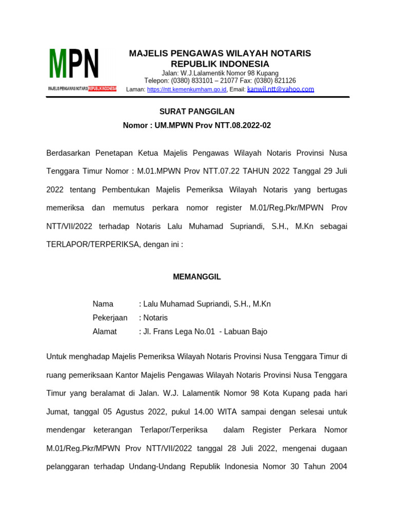 Surat Panggilan Notaris NTT 2022 | PDF
