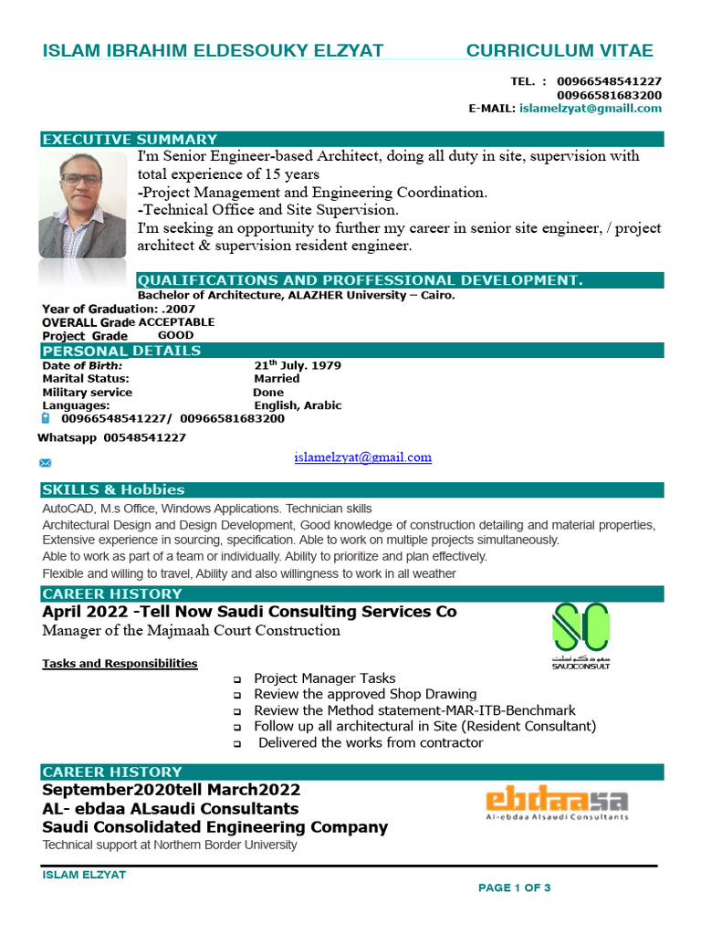 Senior Architect CV: Islam Elzyat | PDF | Specification (Technical Standard) | Engineer