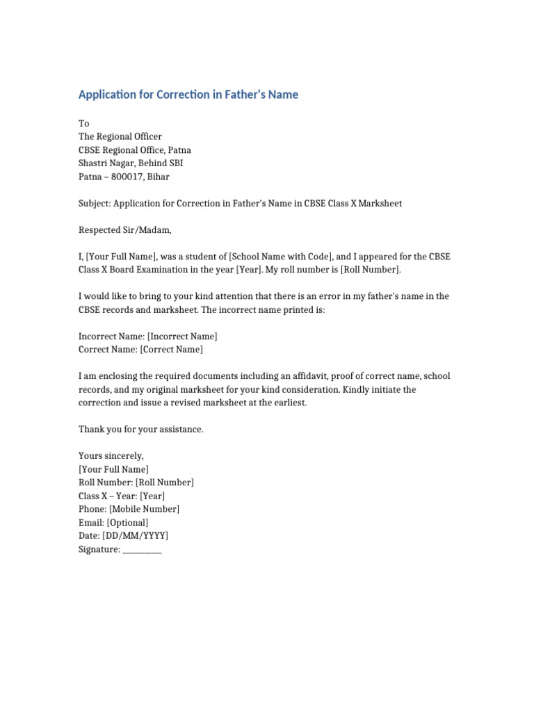 CBSE Father's Name Correction Application and Affidavit Format | PDF