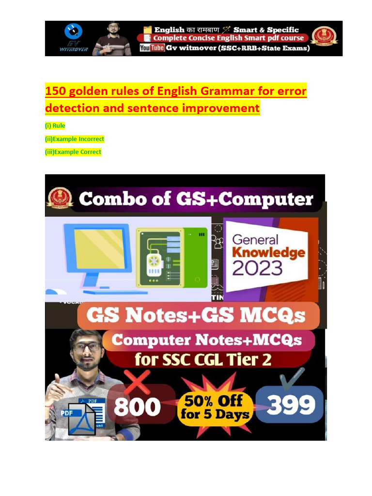 020) (ENGLISH) 150 Golden Rules of English Grammar by GV Sir | PDF ...