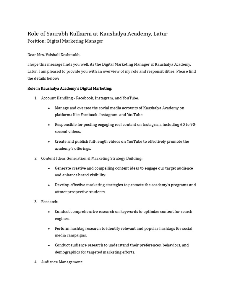 Role of Saurabh Kulkarni at Kaushalya Academ2 | PDF | Digital Marketing | Social Media