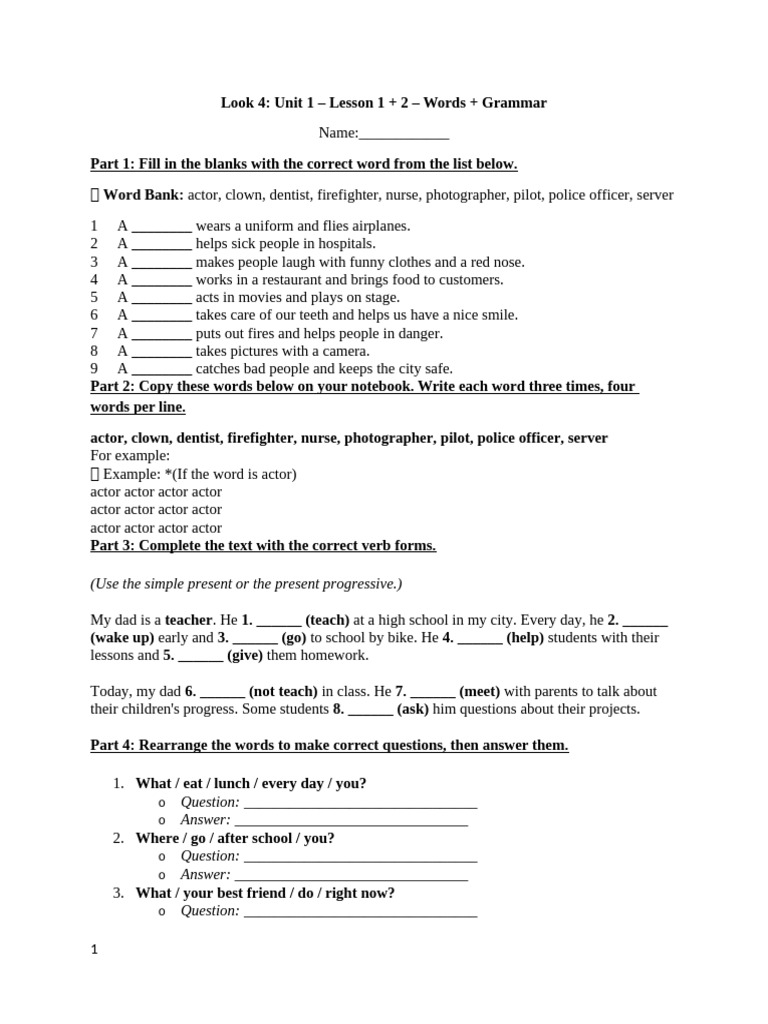 Unit 1 - Lesson 1+2 - Worksheet | PDF