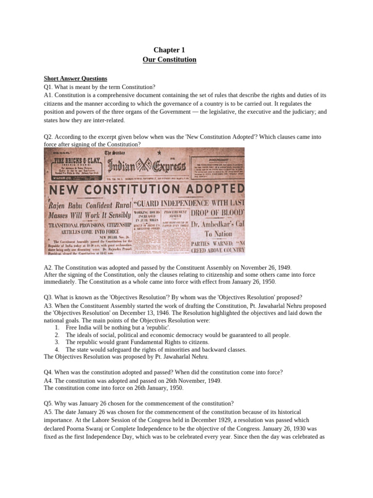 Class 9 Civics CH - 1 Our Constitution QA | PDF | Government ...