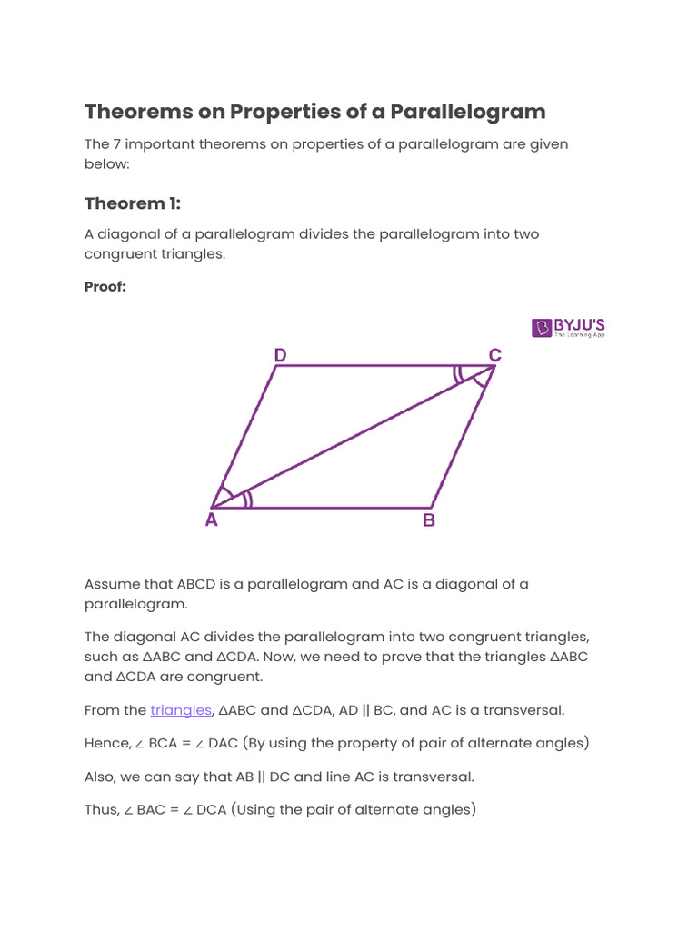 Theorems On Properties of A Parallelogram | PDF | Euclidean Plane Geometry | Euclid
