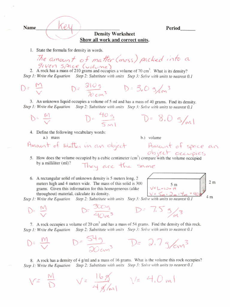 Density Worksheet With Answer Key | PDF