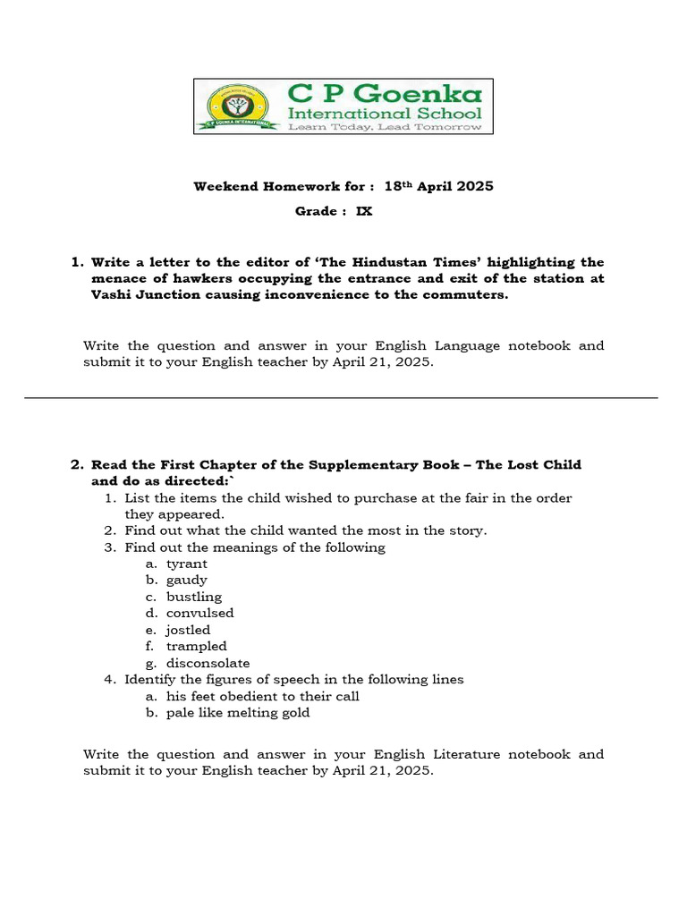 Weekend Homework Grade 9 | PDF