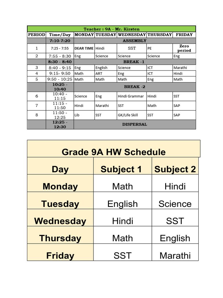 Grade 9 HW Schedule and Timetable | PDF