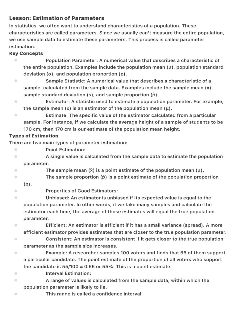 Lesson: Estimation of Parameters | PDF | Confidence Interval | Sample Size Determination