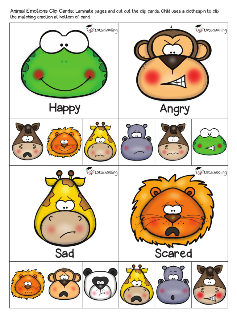 Pre-Cut Animal Emotion Clip Cards | PDF