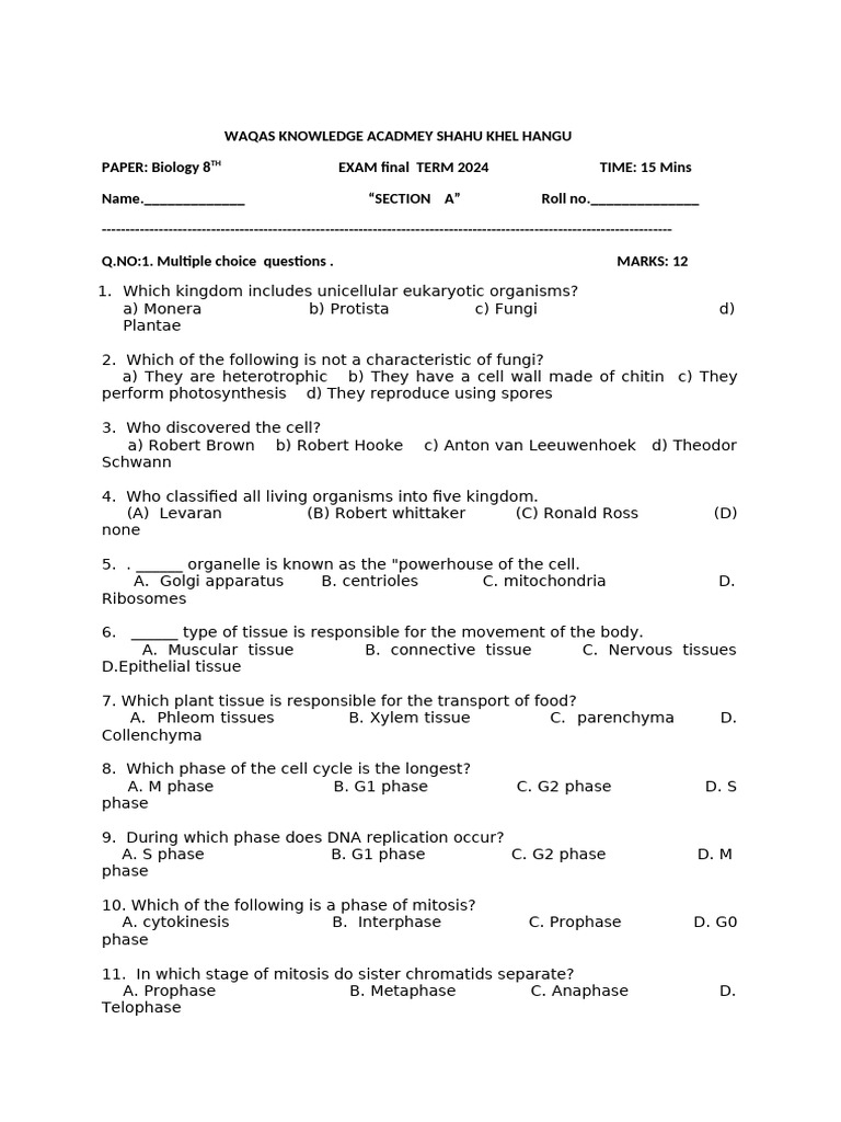 Class 8th Biologyl SectionA 2025 | PDF | Mitosis | Cell (Biology)