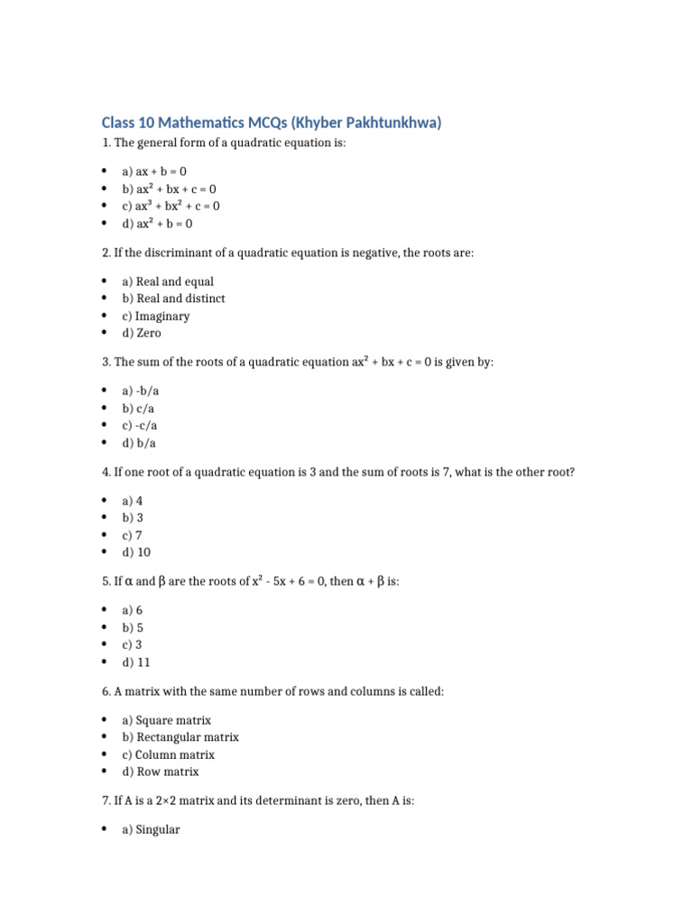Class 10 Maths MCQs KPK | PDF | Matrix (Mathematics) | Quadratic Equation