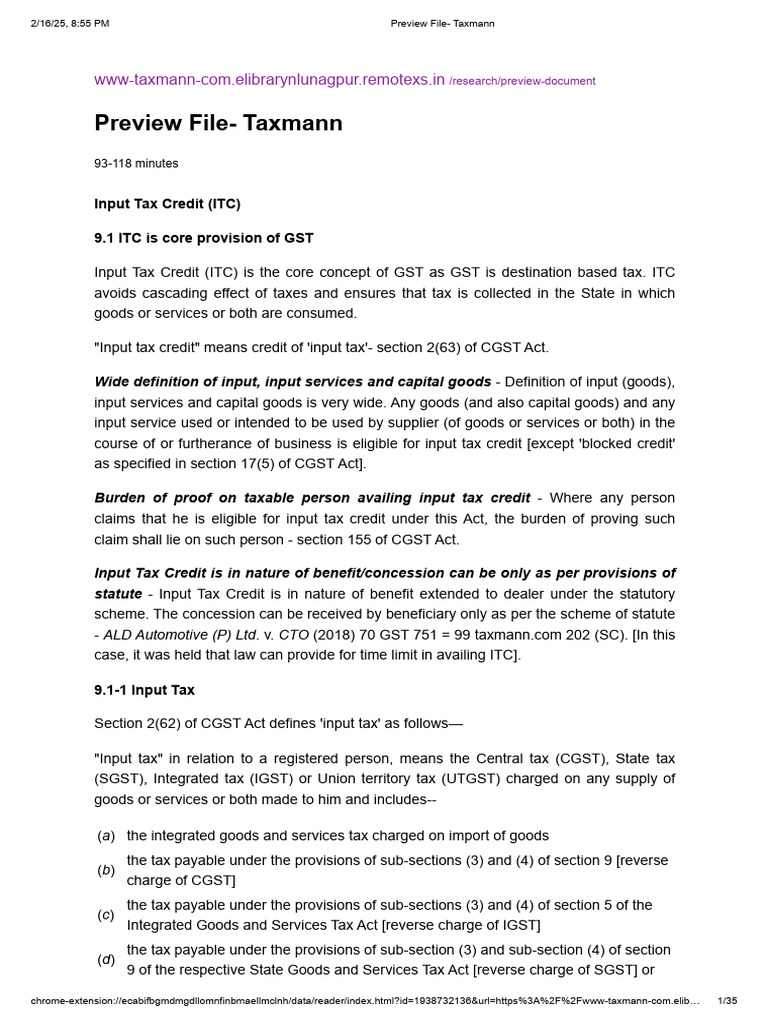 Taxmann Input Tax Credit | PDF | Invoice | Taxes