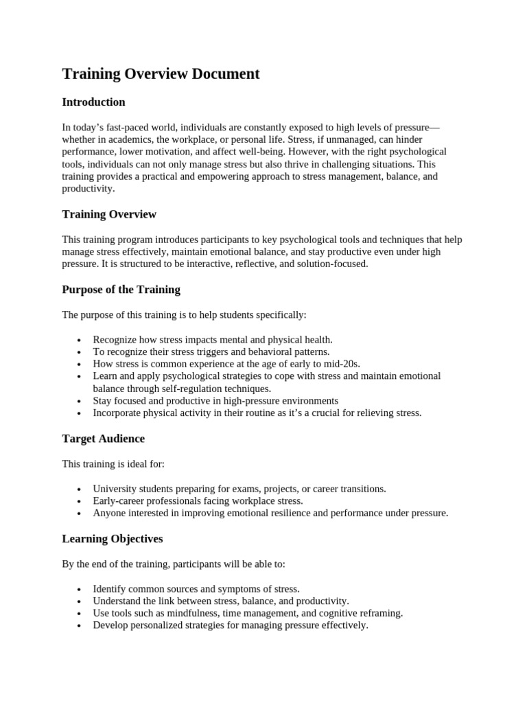 Training Overview Document | PDF | Stress (Biology) | Stress Management