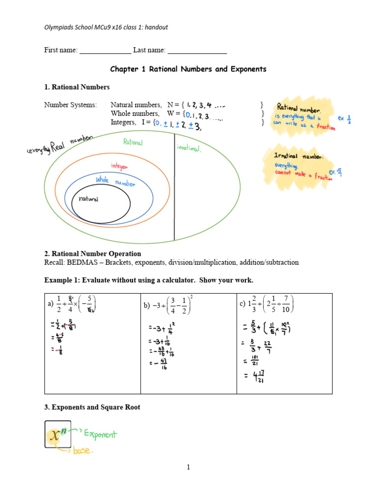 Class01 MathG9 Handout | PDF | Multiplication | Exponentiation