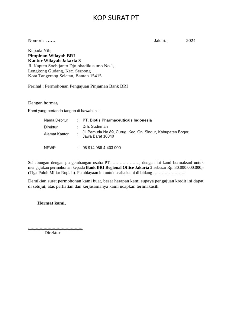 Permohonan Pinjaman PT Biotis BRI 2024 | PDF