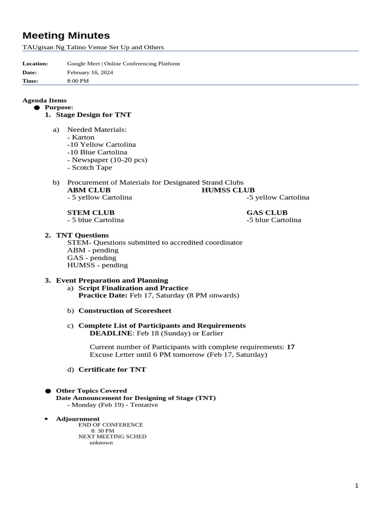 Meeting Minutes for TNT Event Planning | PDF