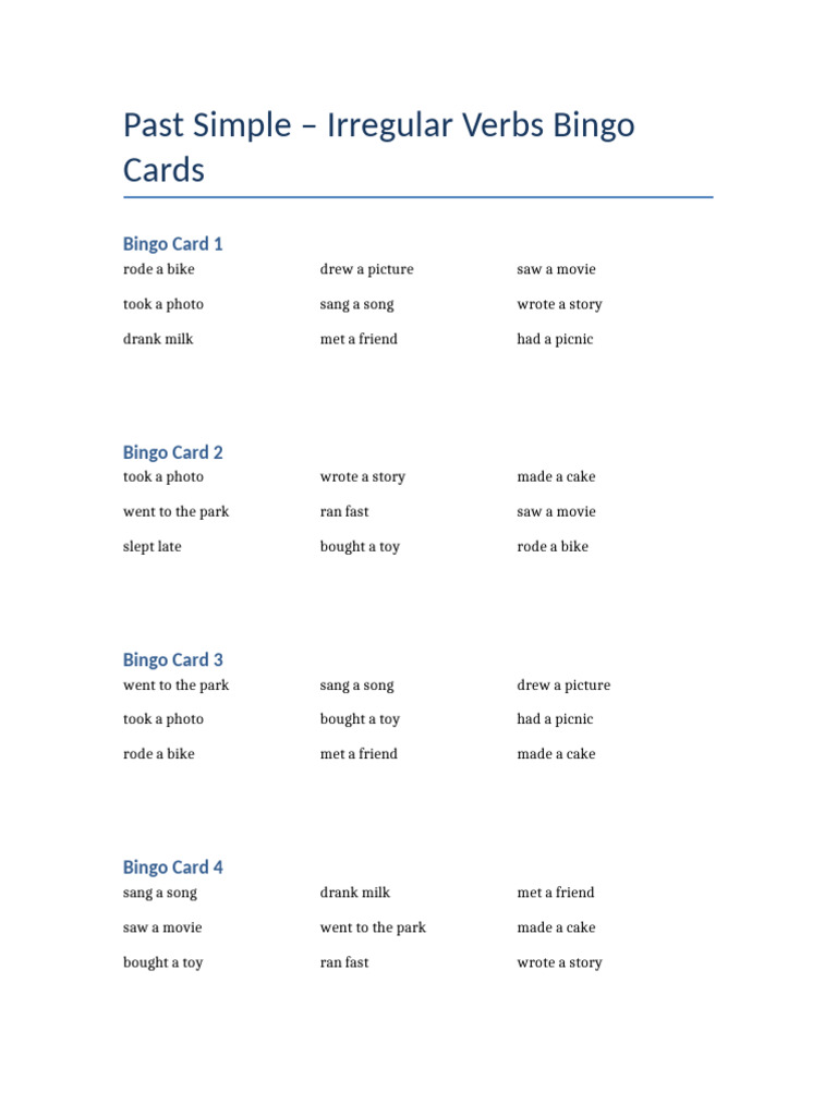 Past Simple Bingo Cards | PDF