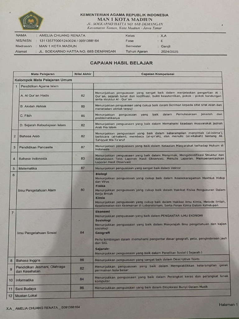 Rapot Amelya Chuang - Compressed | PDF