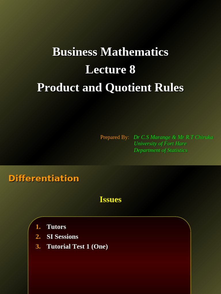 Differentiation - Product and Quotient (Lecture 8) | PDF | Derivative | Mathematical Analysis
