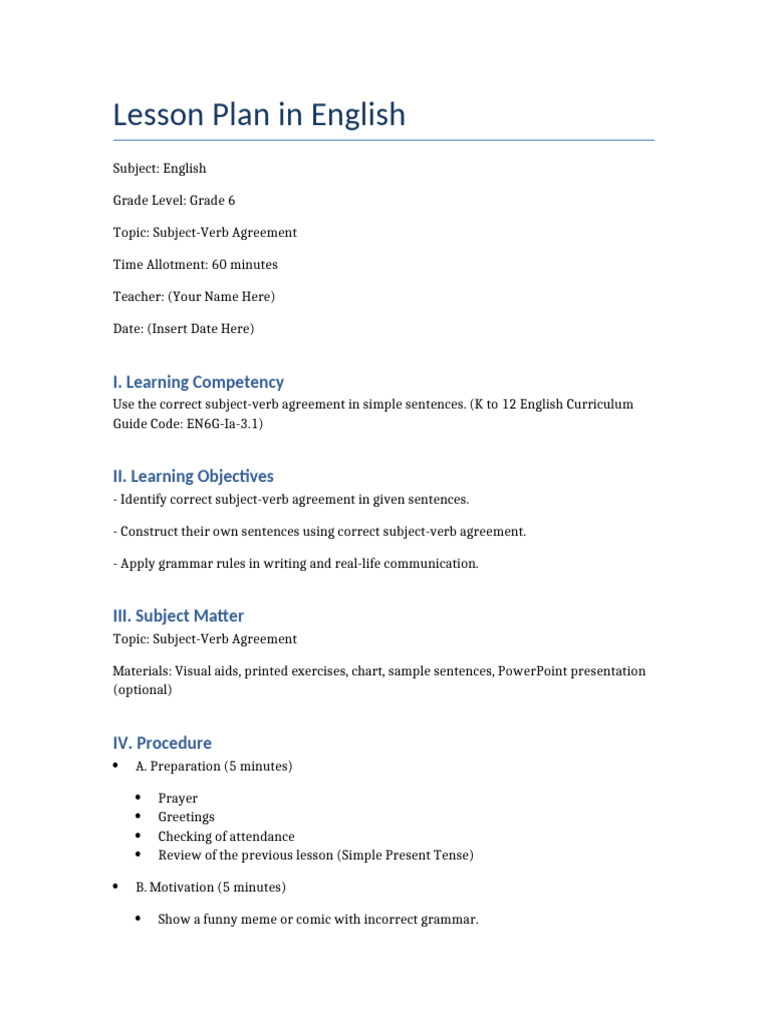 Grade 6 Subject-Verb Agreement Lesson | PDF