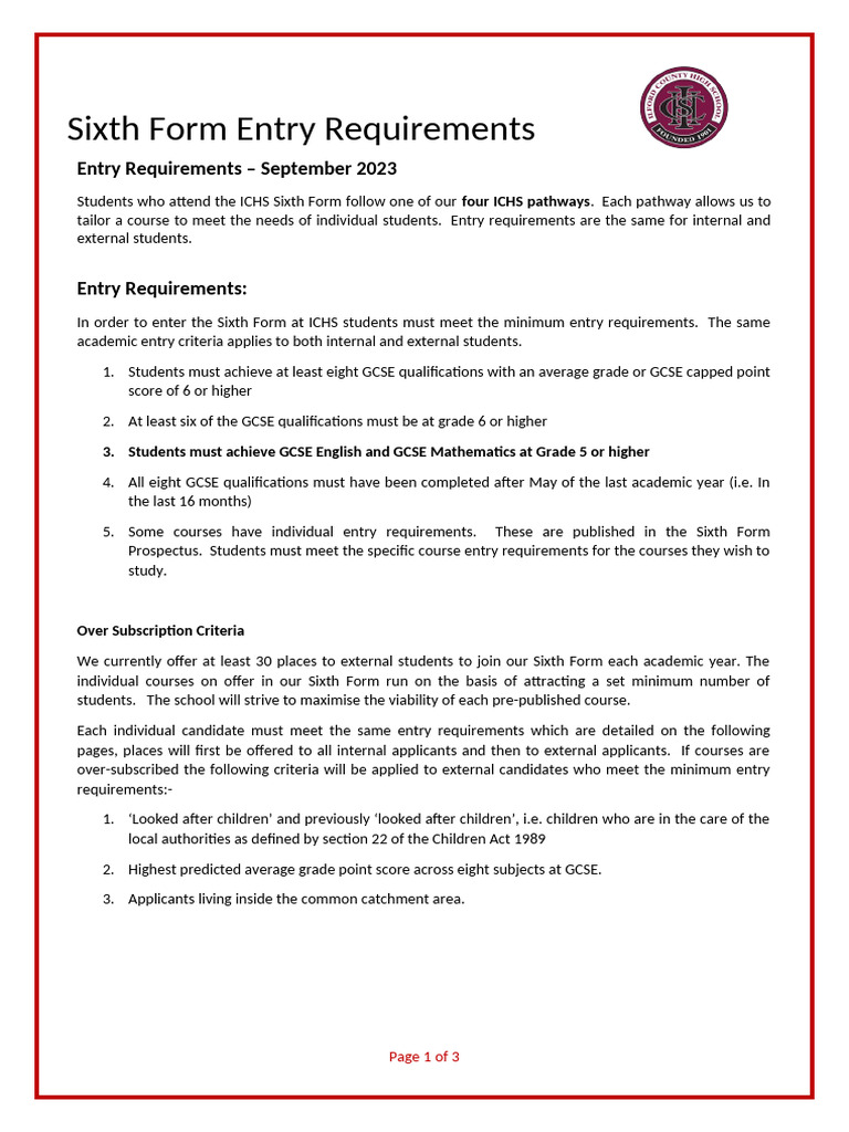 Final Sixth Form Entry Requirements Sept 2023 | PDF | Educational Stages | Qualifications