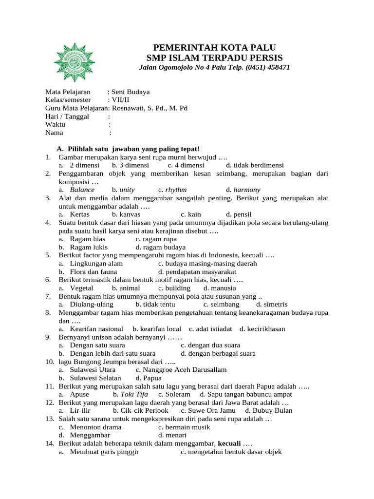 Soal SBK Kls 7.2 2021 2022 | PDF