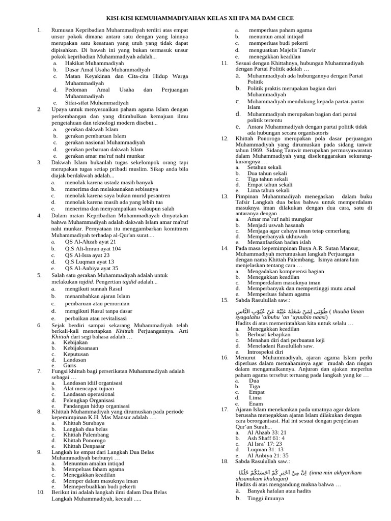 KISI KISI SOAL KEMUHAMMADIYAHAN KLS XII IPA IPS MA Kalosi Dan MA DAM Ceec Soal Asesmen Madrasah ...