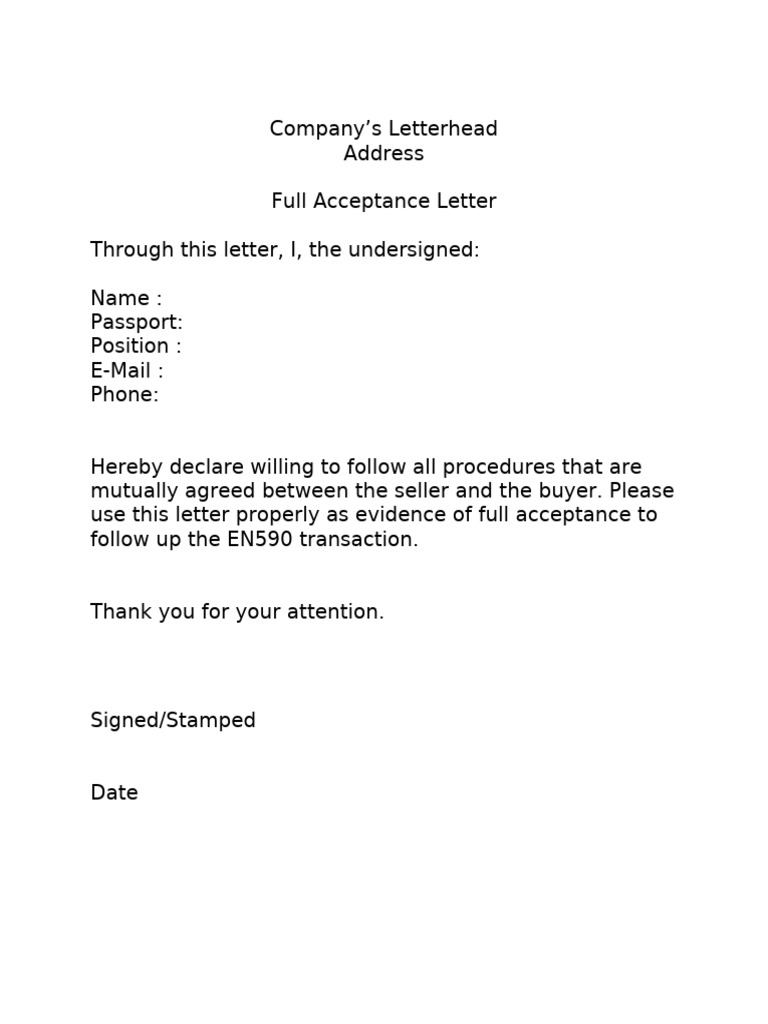 EN590 Transaction Acceptance Letter | PDF