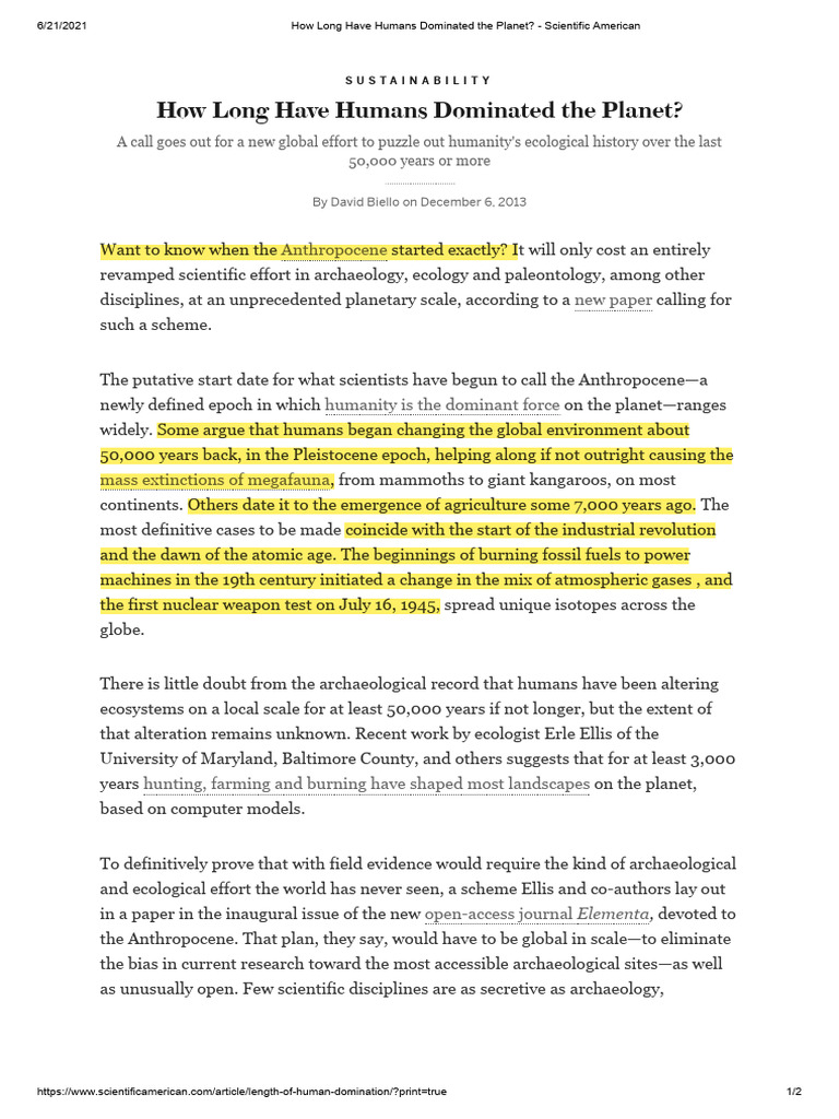How Long Have Humans Dominated The Planet | PDF | Anthropocene | Ecology
